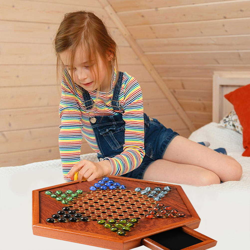 Портативная настольная игра в китайские шашки с шариками, деревянная настольная игра, шестигранные китайские шашки, семейный игровой набор, ящик для хранения