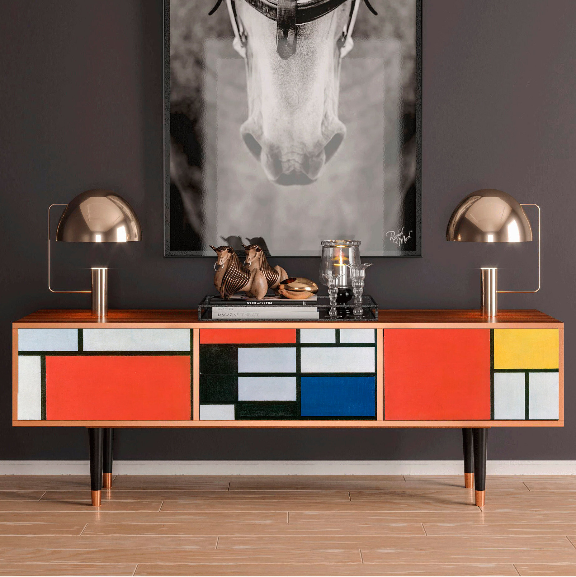 ТВ-Тумба - STORYZ - T4 Composition with Blue, Размер - 170 x 59 x 48 см, Цвет корпуса - , Red and Yellow by Piet Modrian, Размер - 170 x 59 x 48 см, Цвет корпуса - , Орех