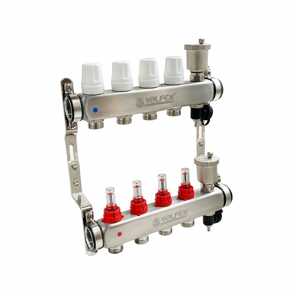 Коллекторная группа нерж со встроенными расходомерами в сборе, 1 х 6 выходов Евроконус 3/4" VALFEX VF.586.0606