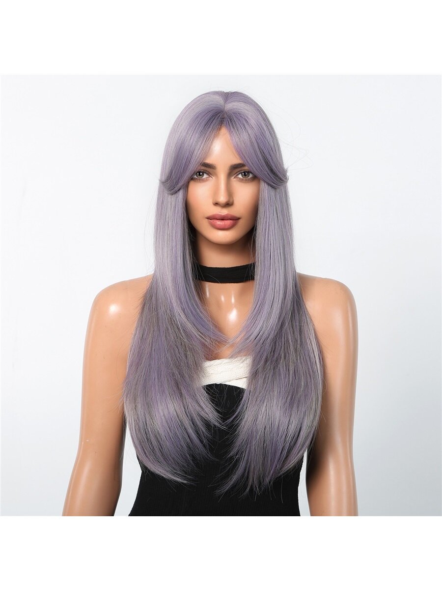 Многослойный парик с длинными прямыми волосами с охромами Женский модный реалистичный парик Фиолетовый парик с сеткой для волос Натуральный дышащий термостойкий синтетический