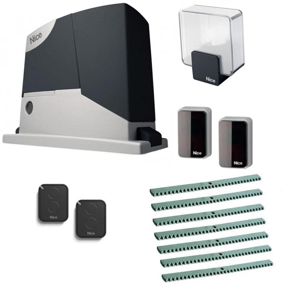 Автоматика для откатных ворот NICE RD400FULL7, комплект: привод, 2 пульта, фотоэлементы, лампа, 7 реек 8мм