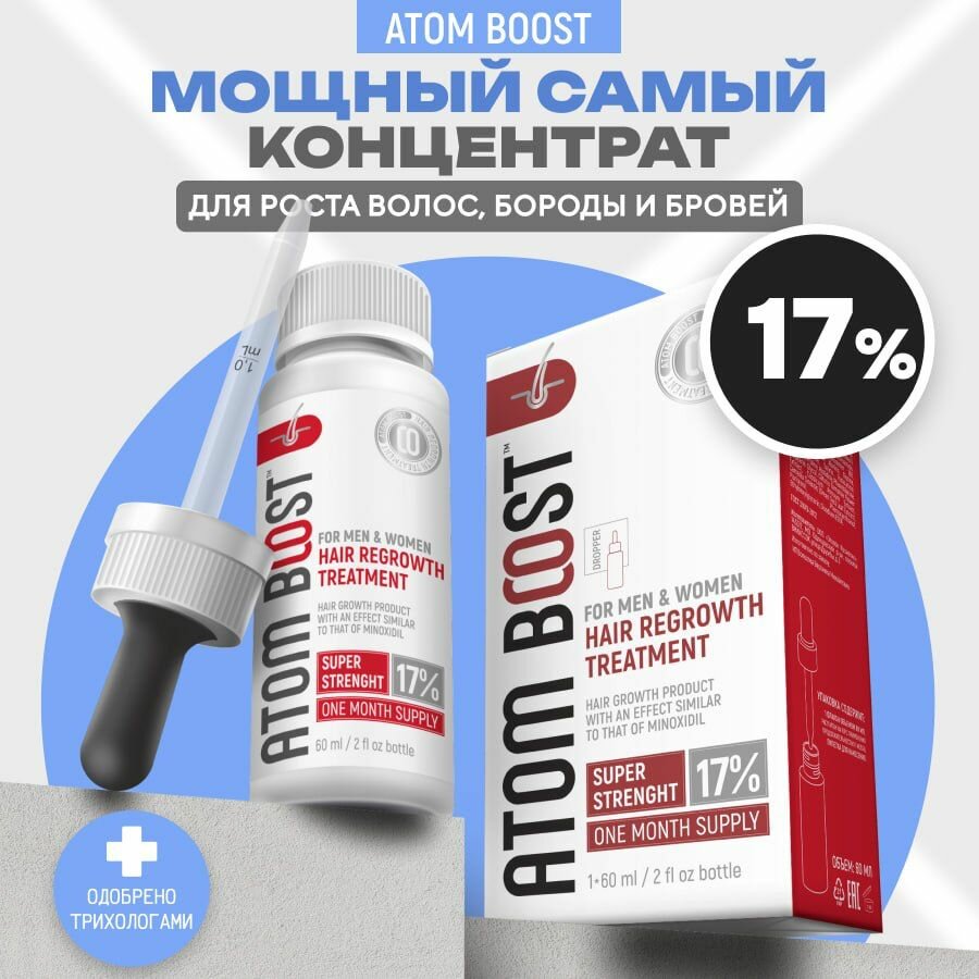 ATOM BOOST 17% Лосьон для роста волос и бороды / Усиленный концентрат - сыворотка от выпадения волос, от облысения / USA QUALITY
