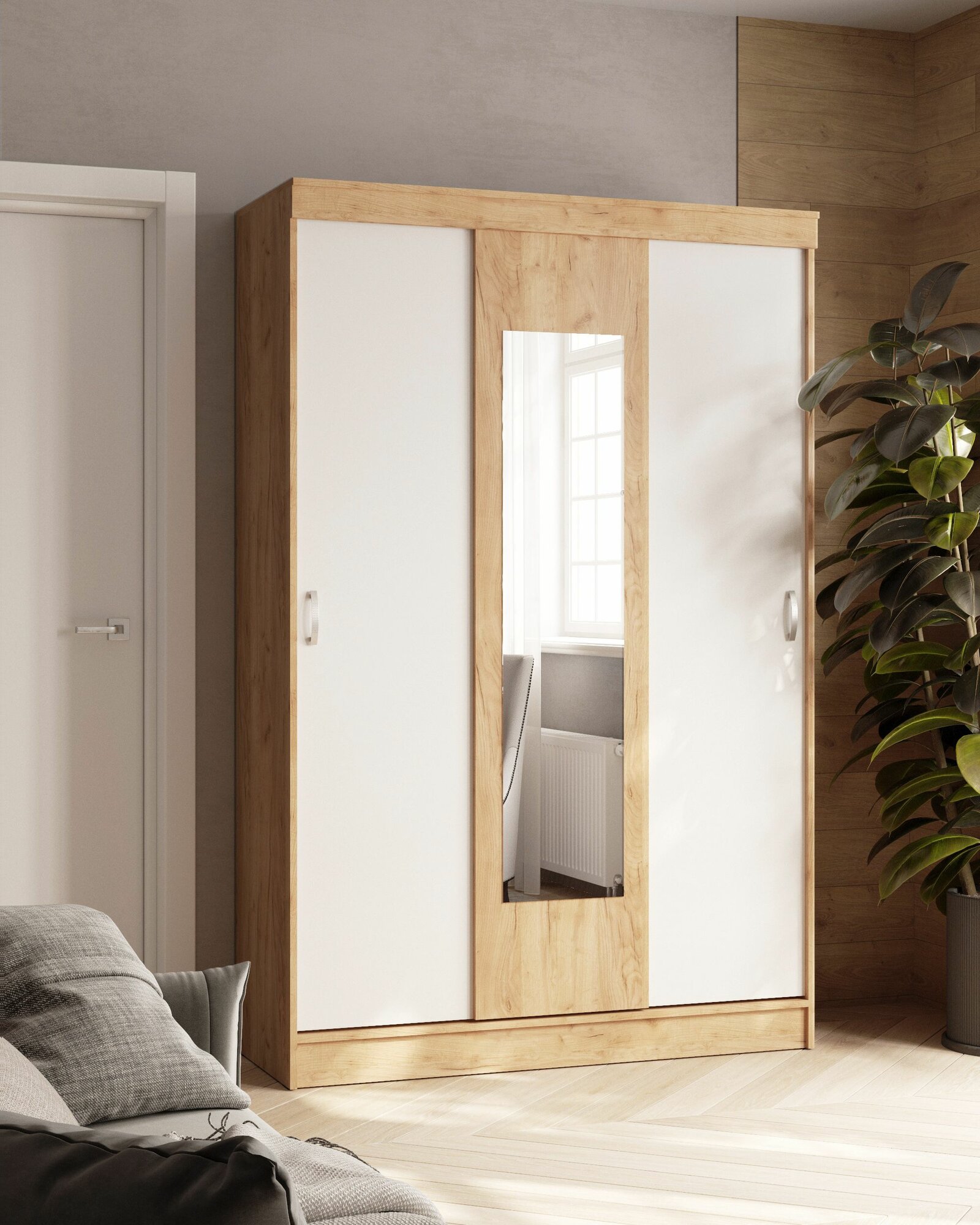 Шкаф-купе Оптимус/ Бруно5/ Тайм ЛДСП дуб вотан/белый+дуб вотан зеркалом полками штангой для дома 1310х2000х504 мебельный РАЙ