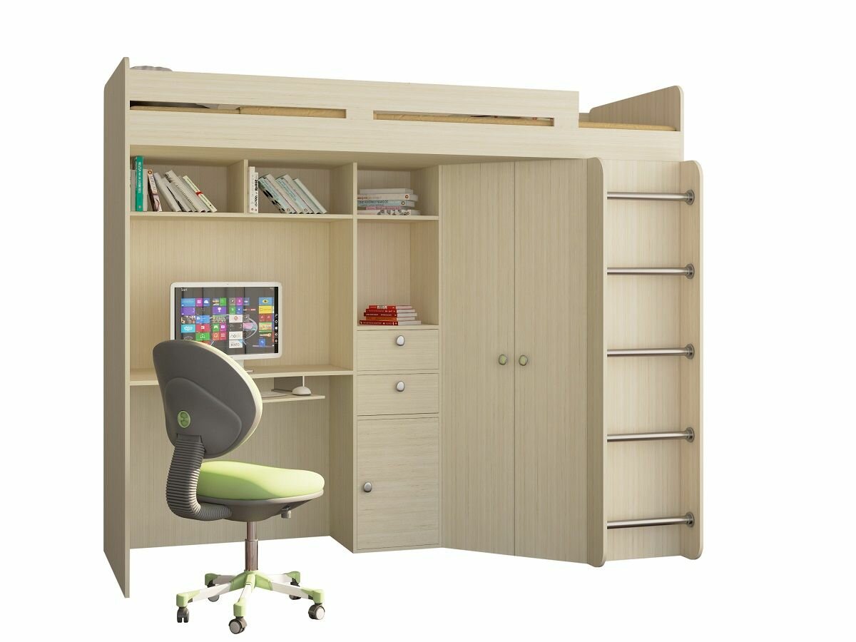 Кровать-чердак Астра, дуб молочный, 202х100х190, со шкафом для одежды и столом