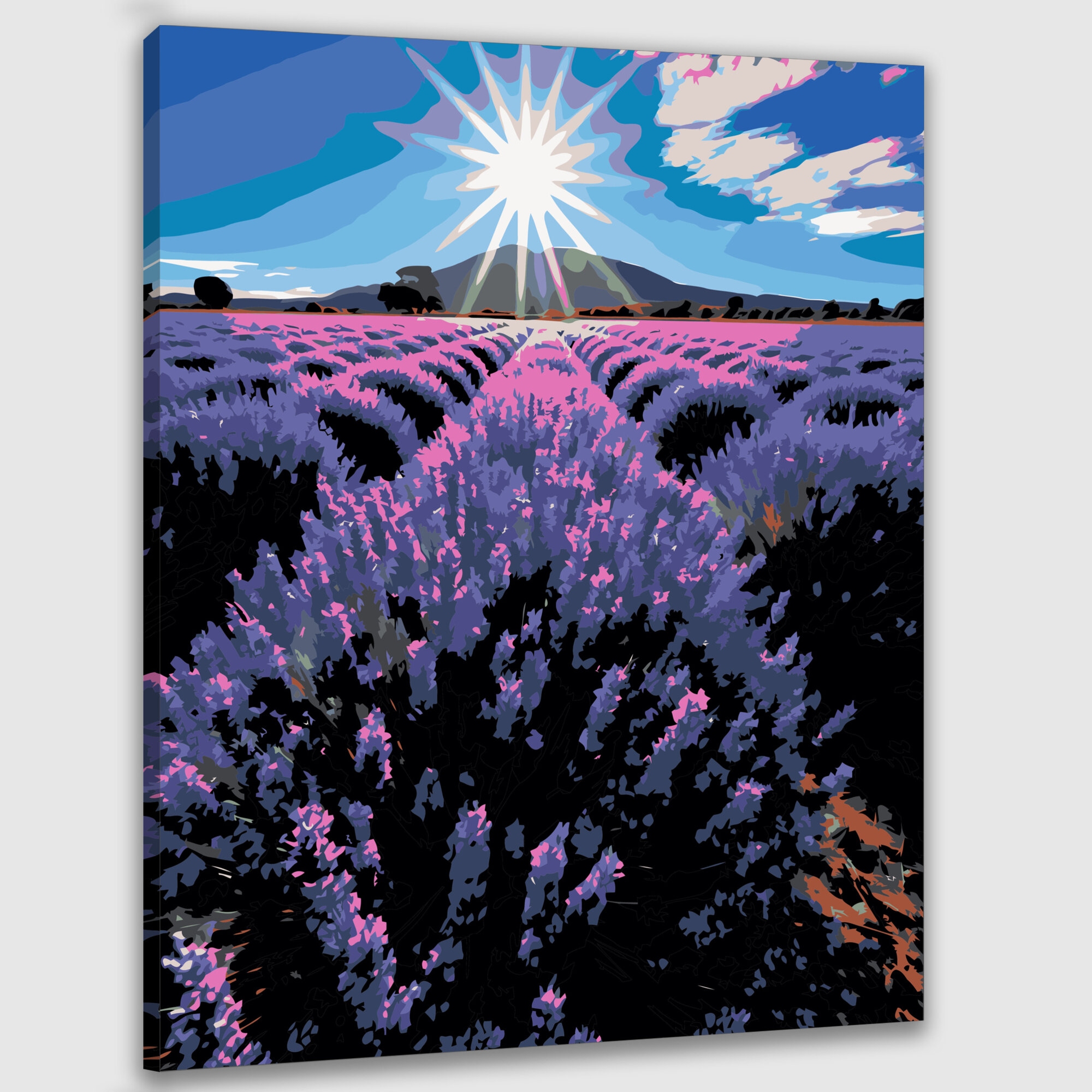 Картина по номерам 40x50 см, лавандовое поле, яркие фиолетовые оттенки, низкий угол, голубое небо