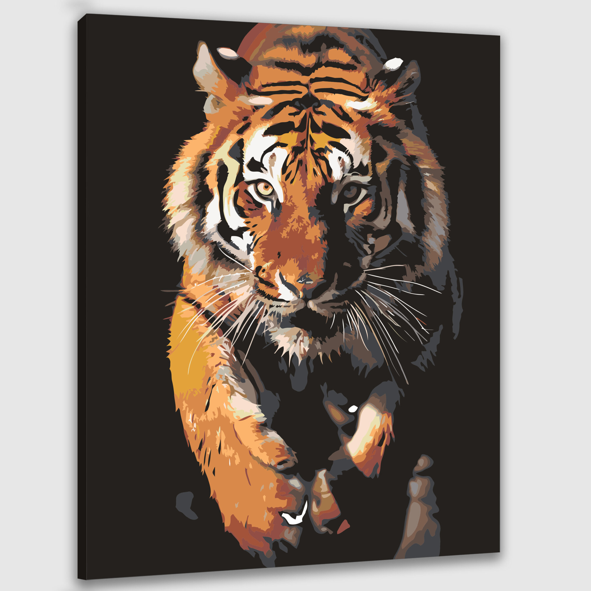 Картина по номерам 40x50 см, тигр, прыжок, движение, мощь, атлетизм, мускулы, взгляд, цвета меха, освещение, фон