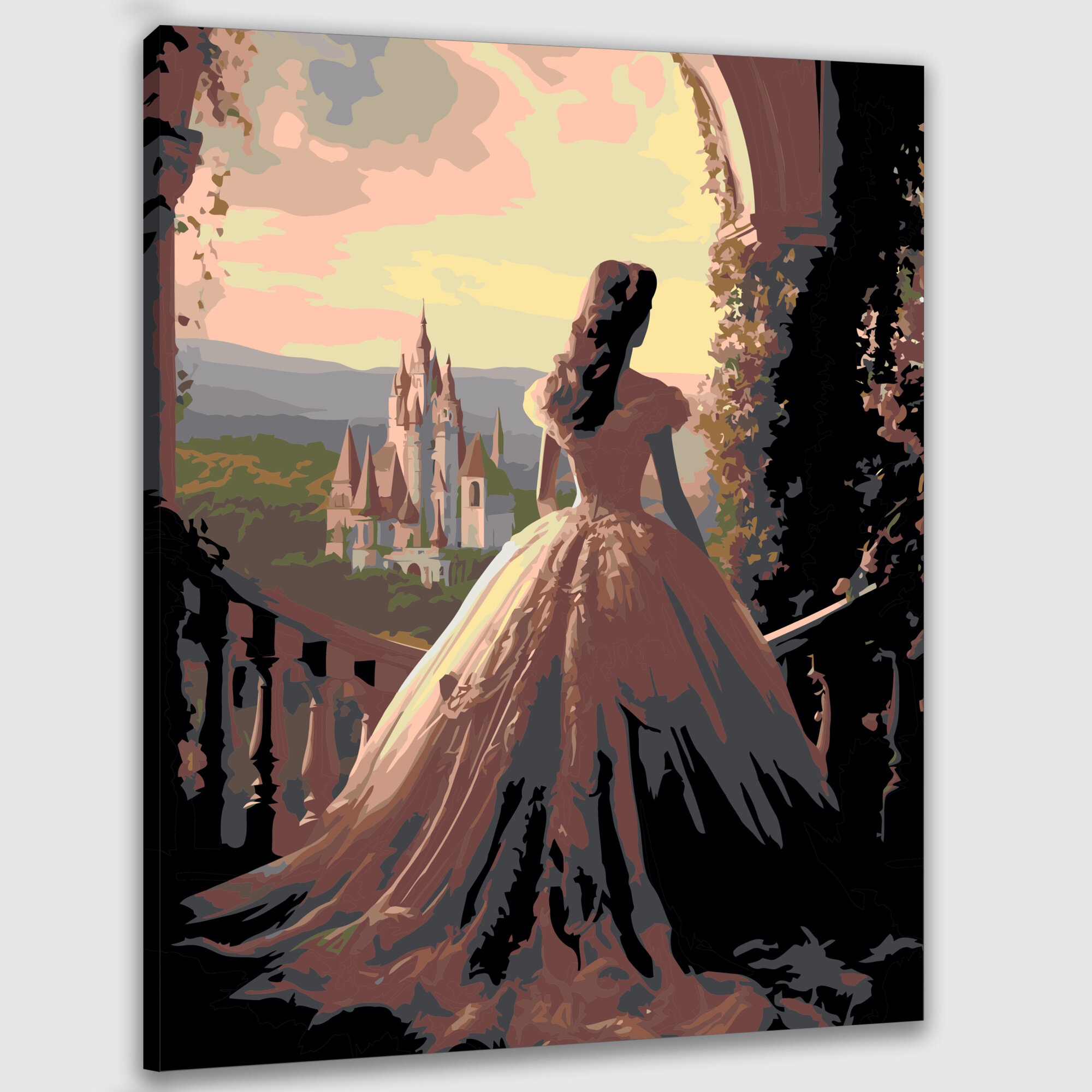 Картина по номерам 40x50 см, фотография, принцесса, бальное платье, розовое, замок, сады, уравновешенность, грация