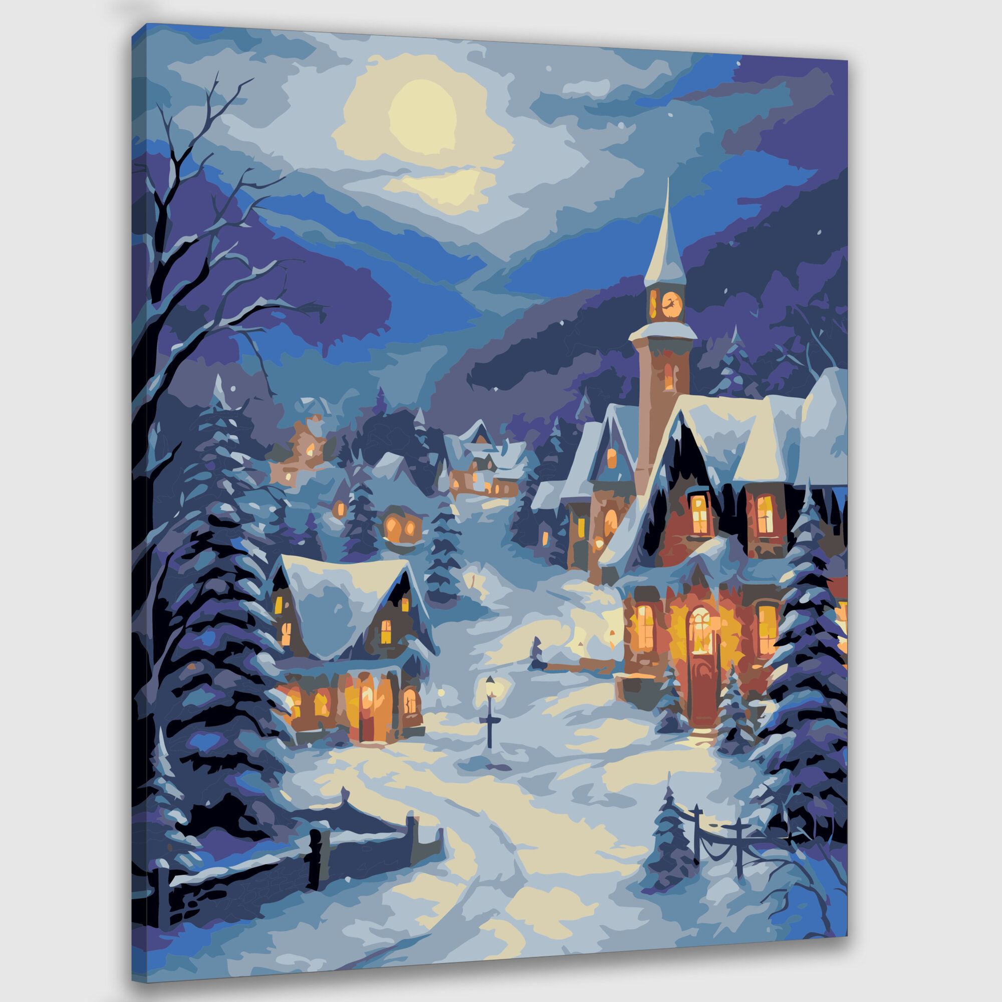 Картина по номерам 40x50 см, акриловая картина, зимняя деревня, мерцающие огни, снежный покров, домики с трубами