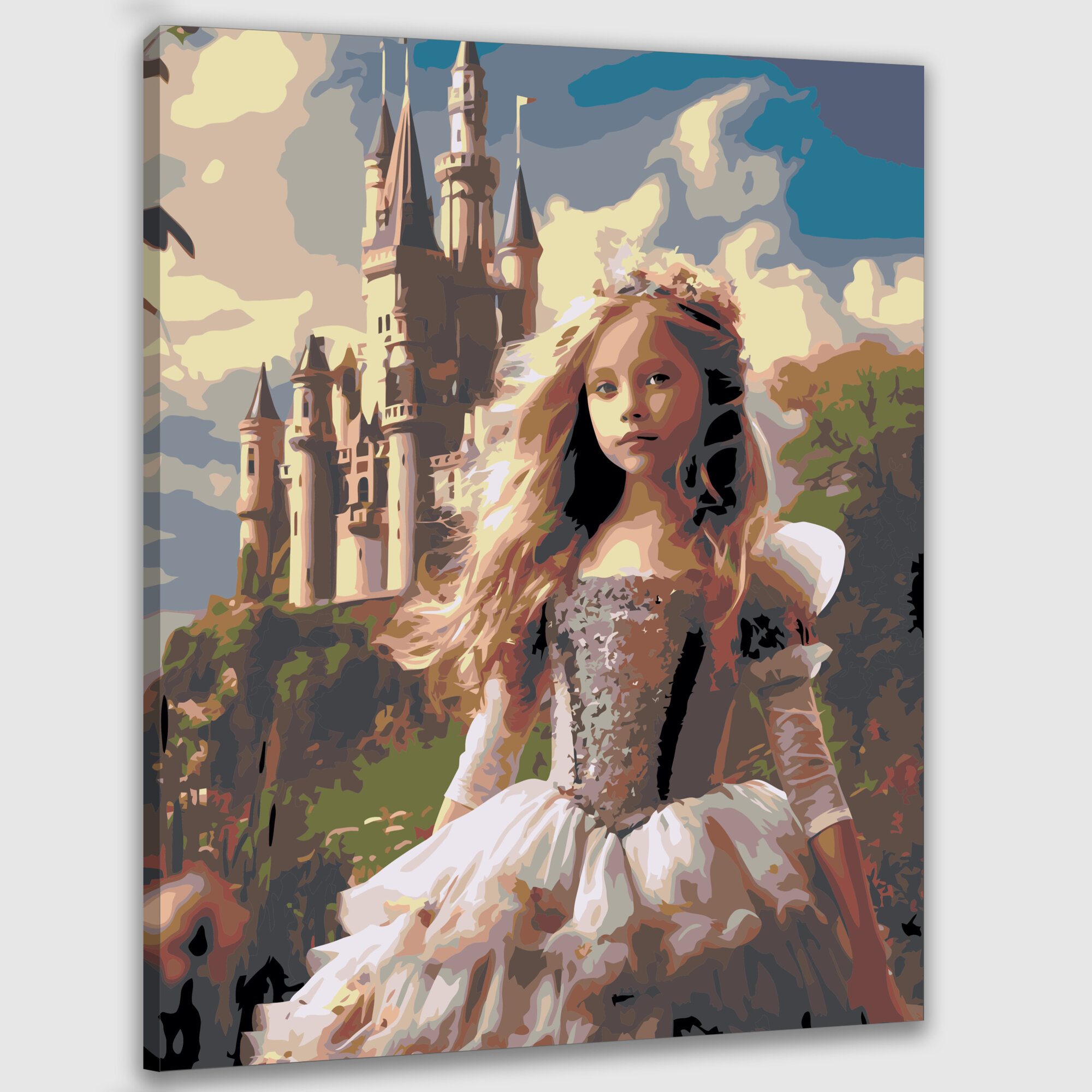 Картина по номерам 40x50 см, принцесса, костюм, сказка, залитый солнцем луг, величественный замок, волнение