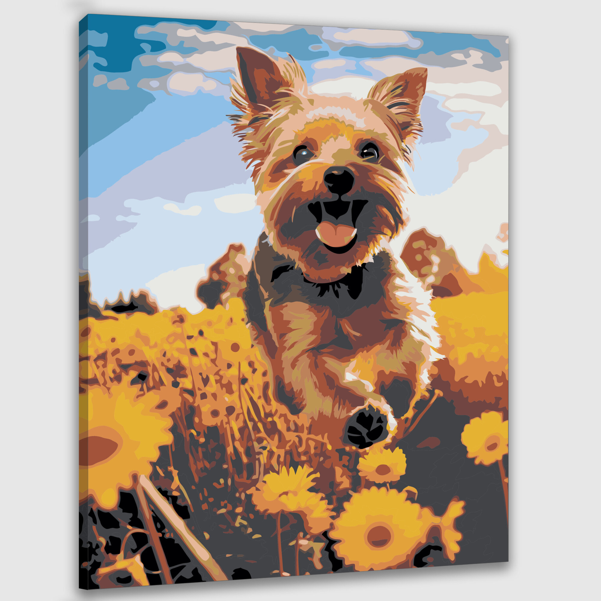 Картина по номерам 40x50 см, фотография, йоркширский терьер, поле цветов, игривость, радость, солнечный день, прыжок