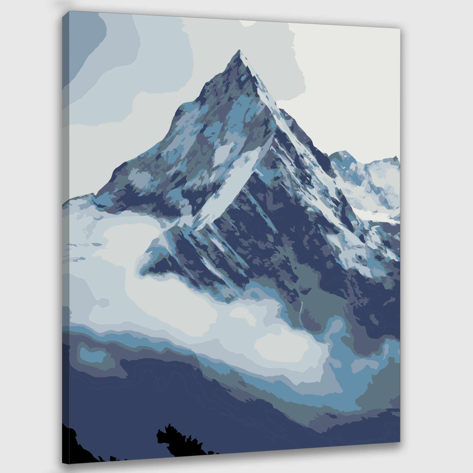 Картина по номерам 40x50 см, горный хребет, туман, облака, вершины, цвета приглушенные, синий, серый, белый, горы