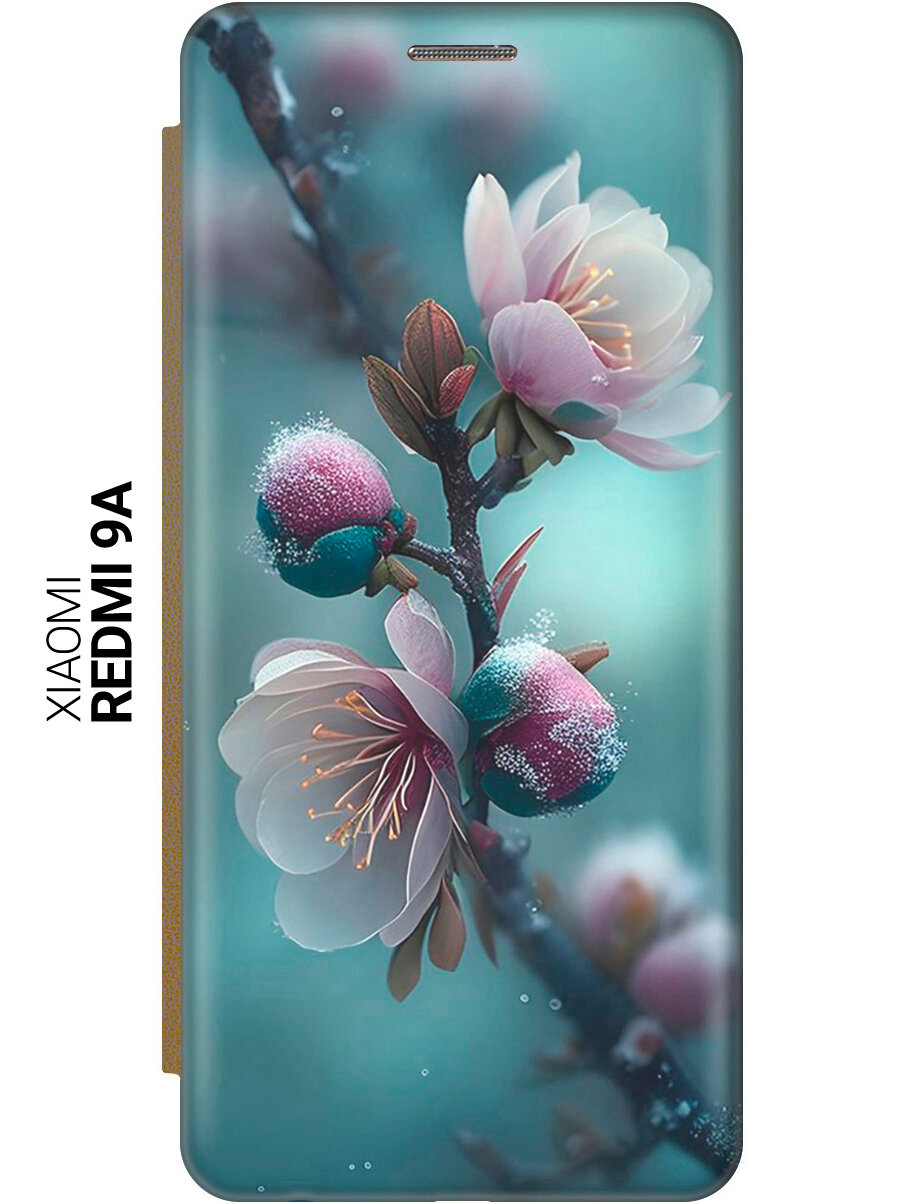 Чехол-книжка на Xiaomi Redmi 9A / Сяоми Редми 9А с рисунком "Распускающиеся бутоны" золотой