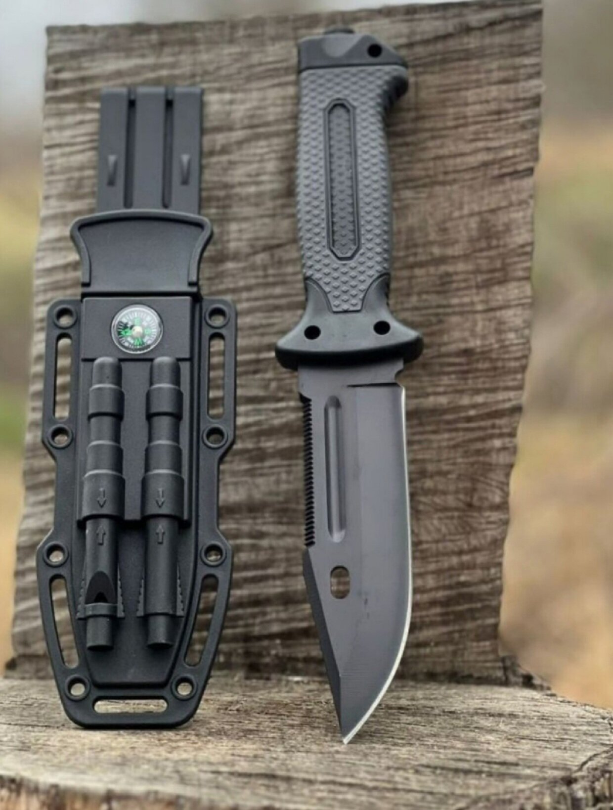 Нож тактический 4038C (компас, огниво, свисток, точилка) ручка коричневая