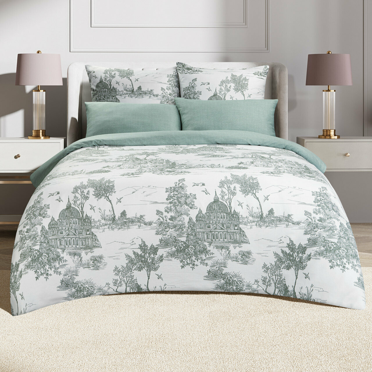 Постельное белье 2-спальное с пододеяльником на молнии Гармоника "Флорентина", сатин, белый, зеленый, Ecotex