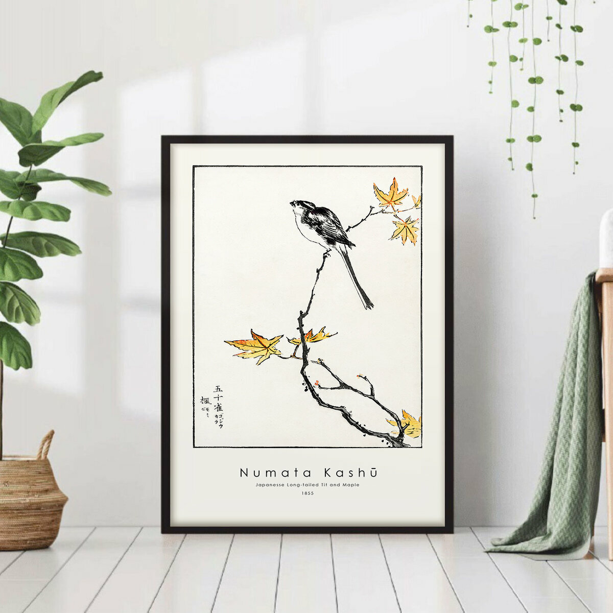 Постер " Птицы в японском стиле репродукция" 40x50 в черной рамке для интерьера на стену