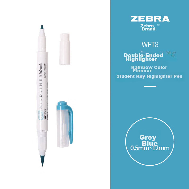 ZEBRA Dual-Tip Highlighter Pen, Rainbow Color Planner Pen, Student Highlighting Pen, Marking Pen, Brush Soft Color Series, WFT8, Gray-Blue