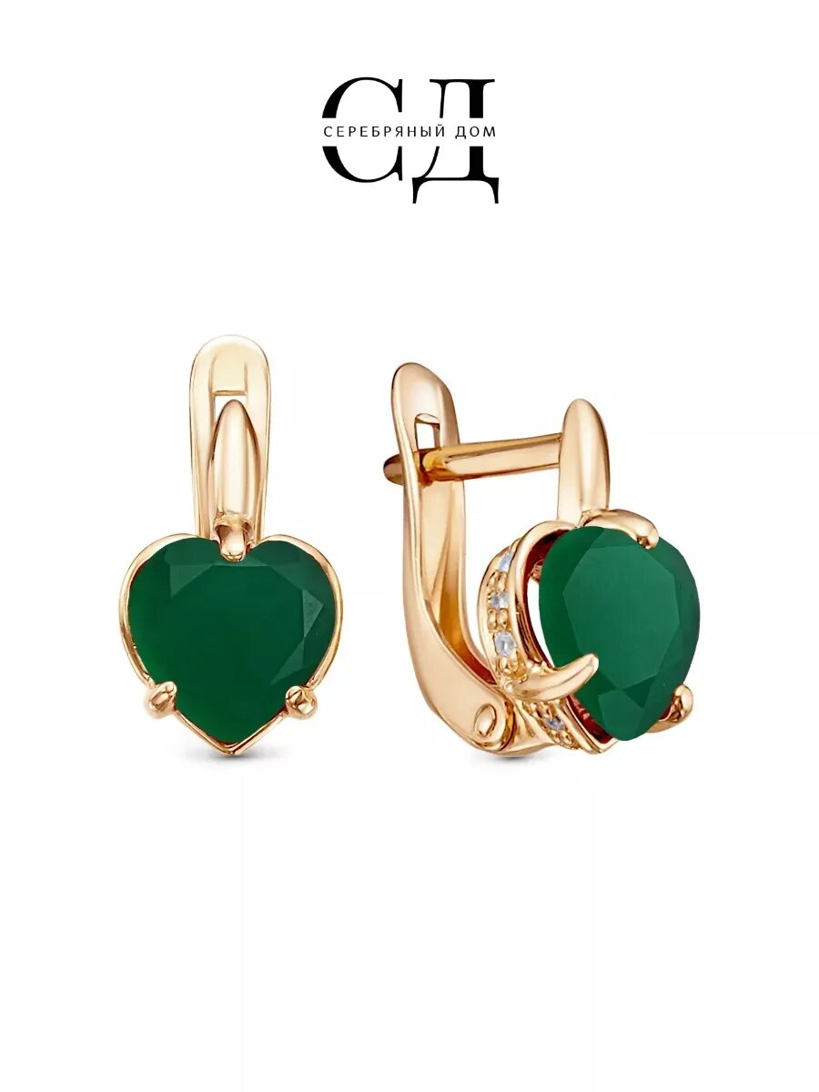 Серьги, серебро, 925, 585 проба, золочение, фианит, агат