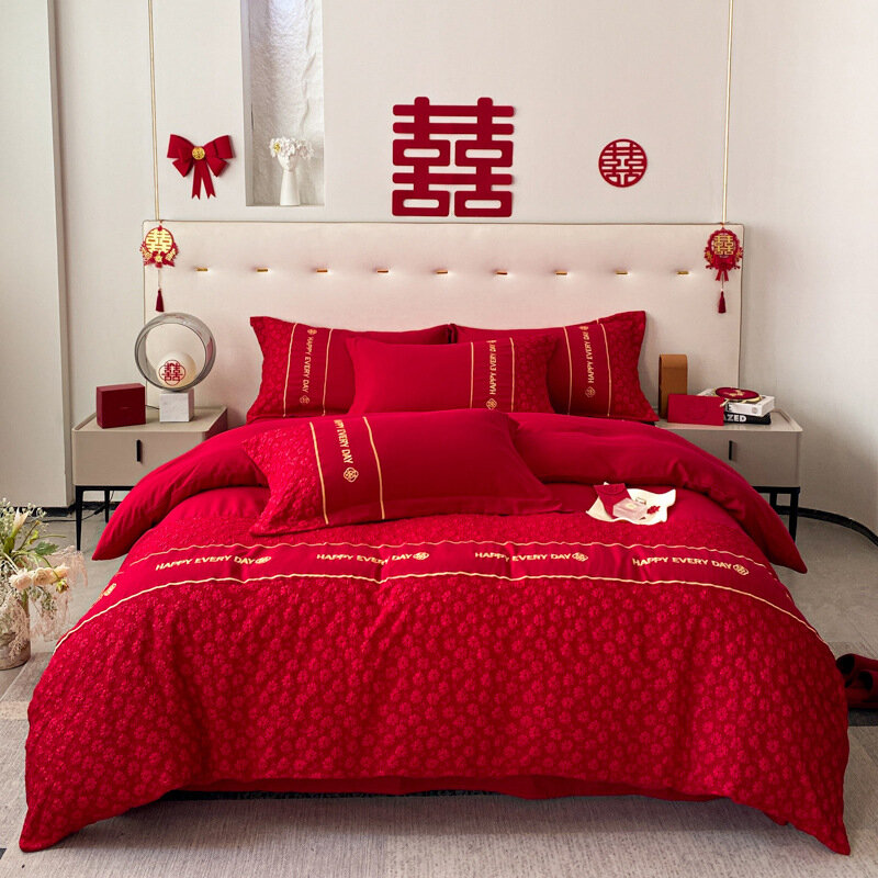 Свадебное постельное белье, 2024, алое, 4 предмета, 200x230/180x200/48x74 см