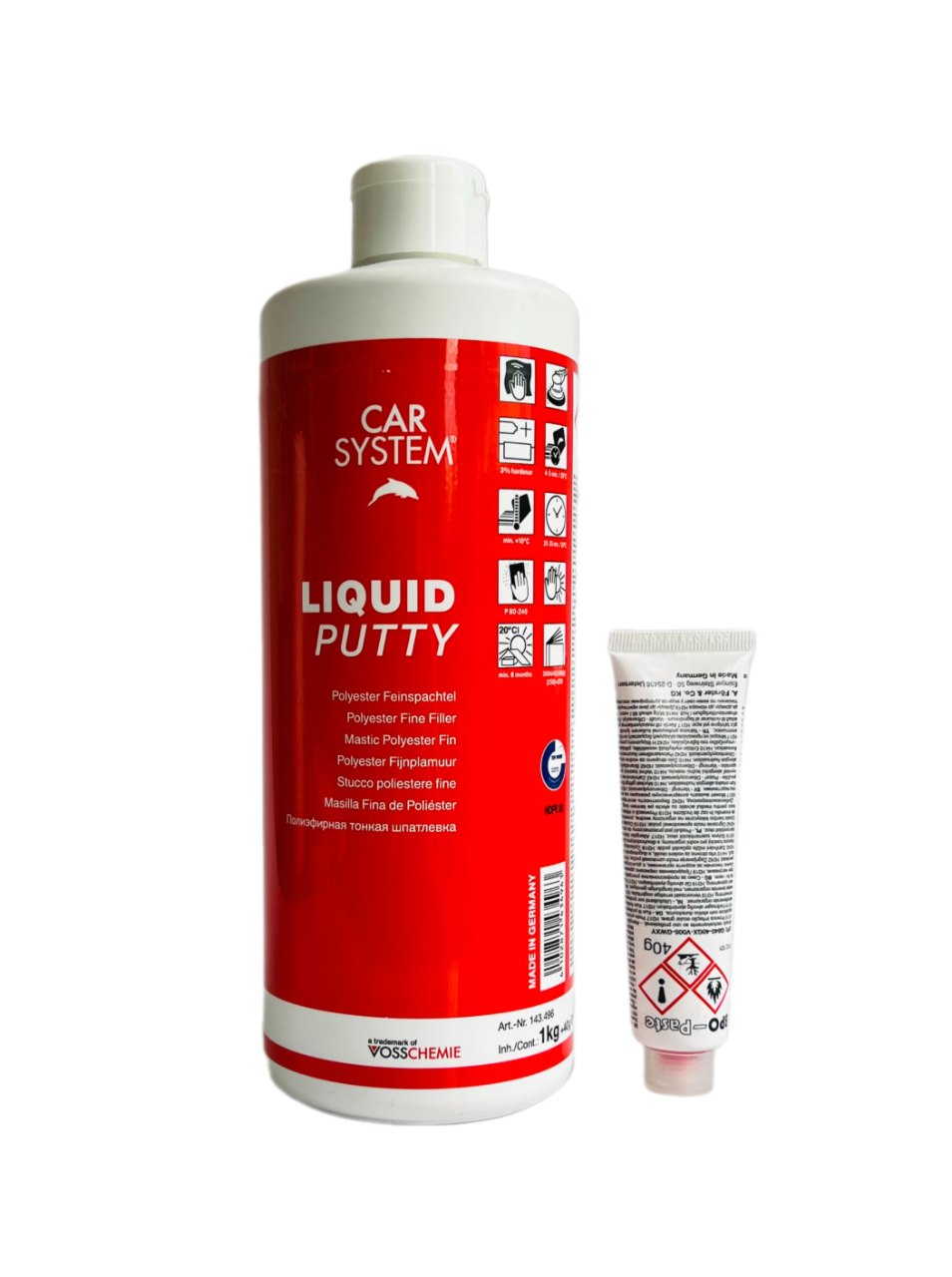 Шпатлевка 2К автомобильная жидкая самовыравнивающаяся CarSystem LIQUID PUTTY, бежевая 1.0кг, (с отвердителем)