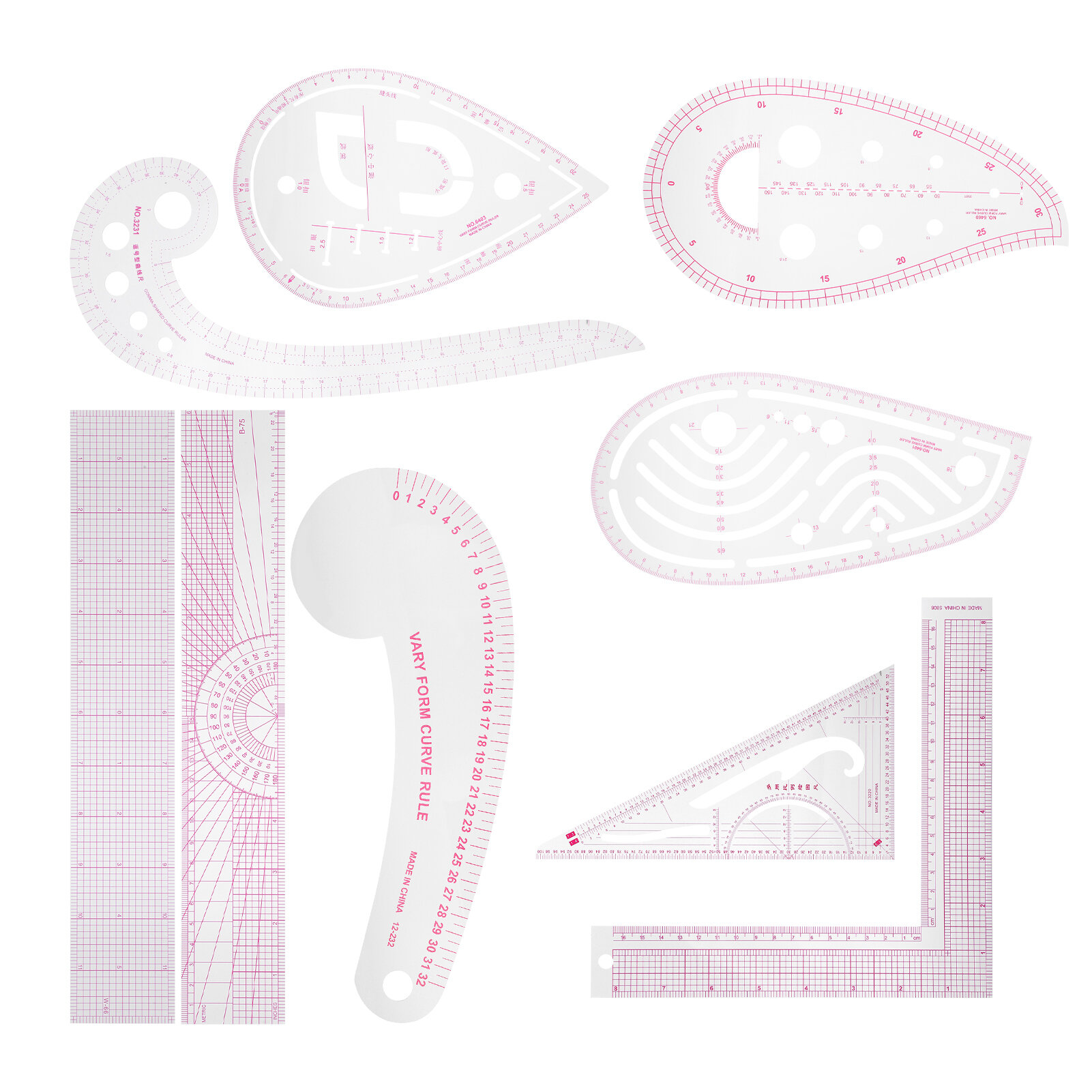Набор из 9 многоцелевых линеек для одежды, шаблонов для швейных чертежей и вырезания кривых линий