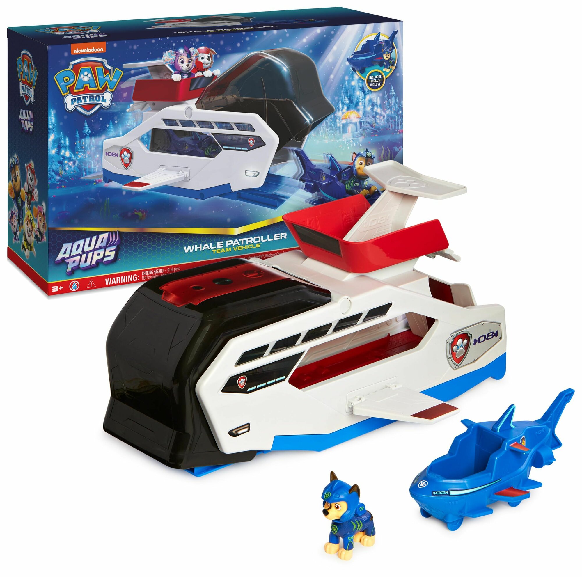 Spin Master Nickelodeon Paw Patrol Aqua Pups Whale Patroller Team Vehicle / с фигуркой погони, игрушечным автомобилем и пусковой установкой для транспортных средств, детскими игрушками