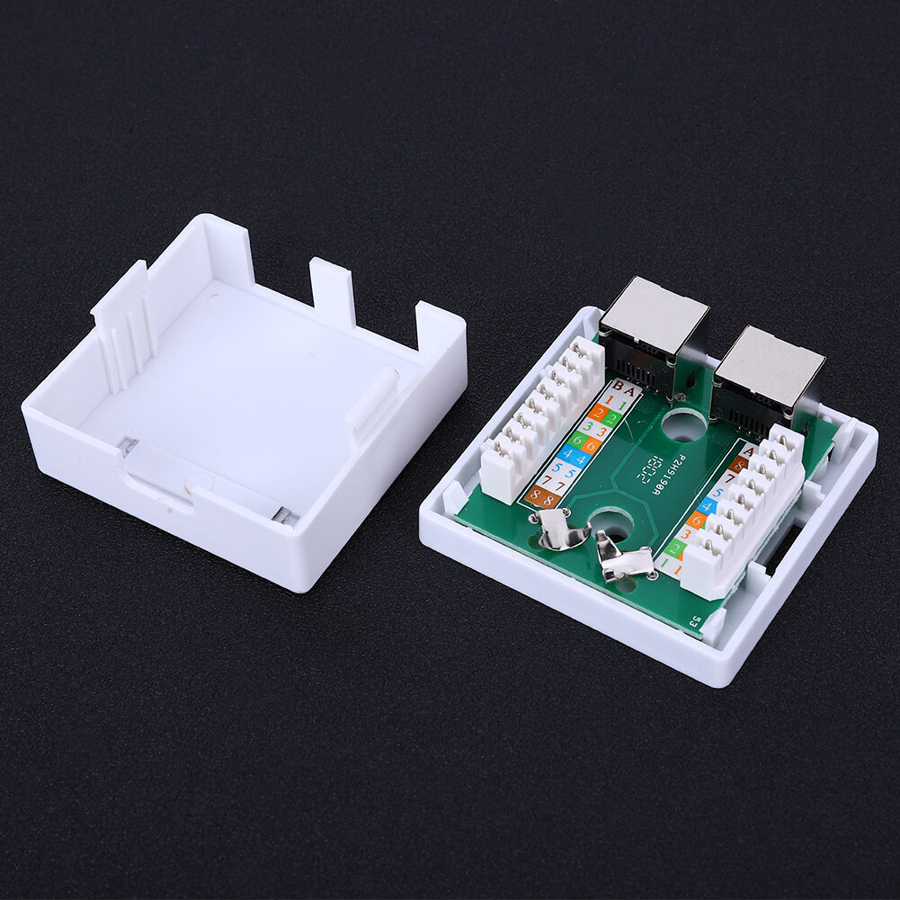 RJ45-8P8C Wall Connector Junction Adapter 2-Port Desktop Extension Cable Mount Box Surface Jack White ABS 22-24AWG 100% Brand New Network wiring 27x58.5x60mm ISO/IEC11801 TIA/EIA568 250 pluggable 100MHz