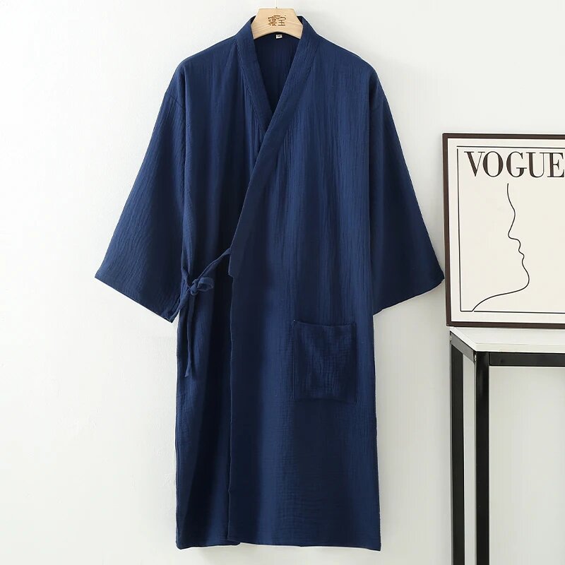 Японское традиционное самурайское кимоно из чистого хлопка, ночной халат, мужской Темно-синий, М, 4