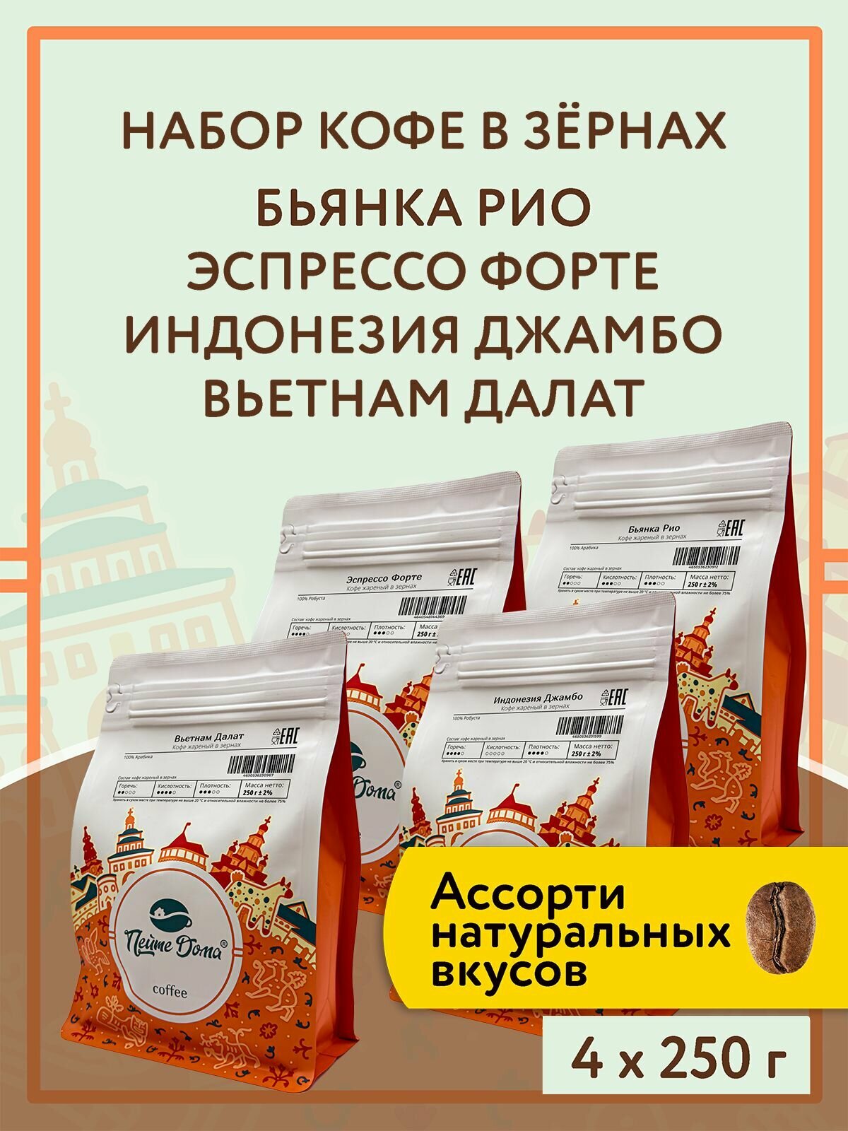 Набор кофе в зернах 1 кг (Бьянка Рио, Эспрессо Форте, Индонезия Джамбо, Вьетнам Далат)
