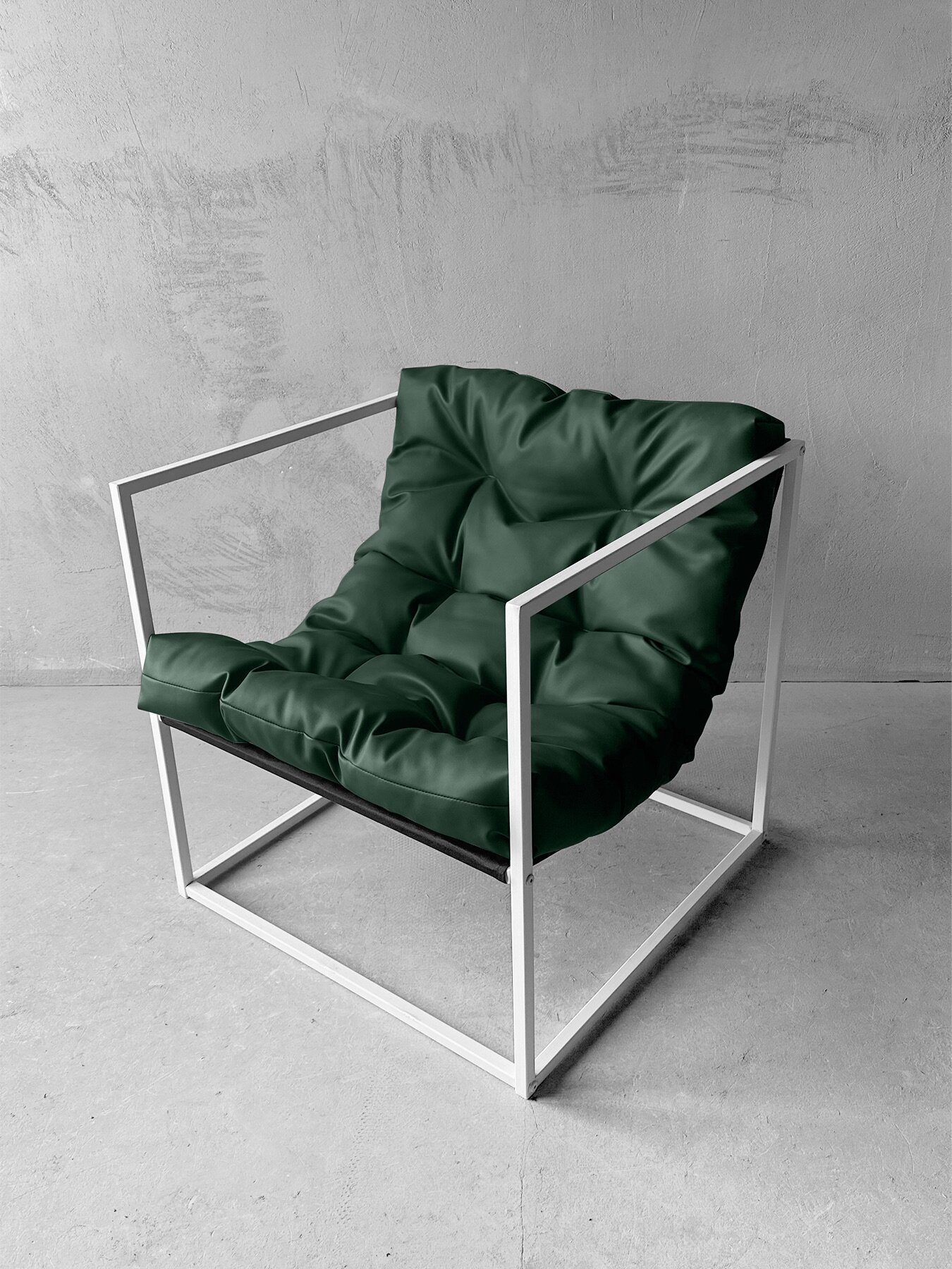 Кресло мягкое удобное для отдыха, уличное, на балкон, на веранду, в стиле лофт, минимализм, Лофтовик + зеленый кожзам