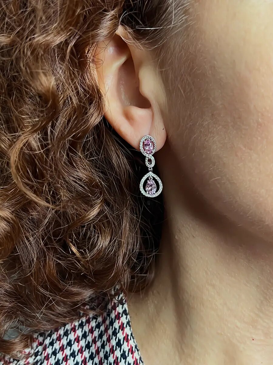 Серьги с подвесками, белое золото, 585 проба, родирование, бриллиант, сапфир синтетический