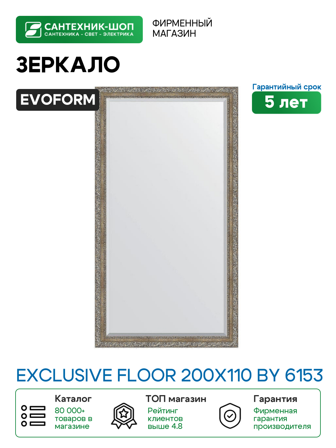 Зеркало Evoform Exclusive Floor 200х110 BY 6153 с фацетом в багетной раме - Виньетка античное серебро 85 мм стекло