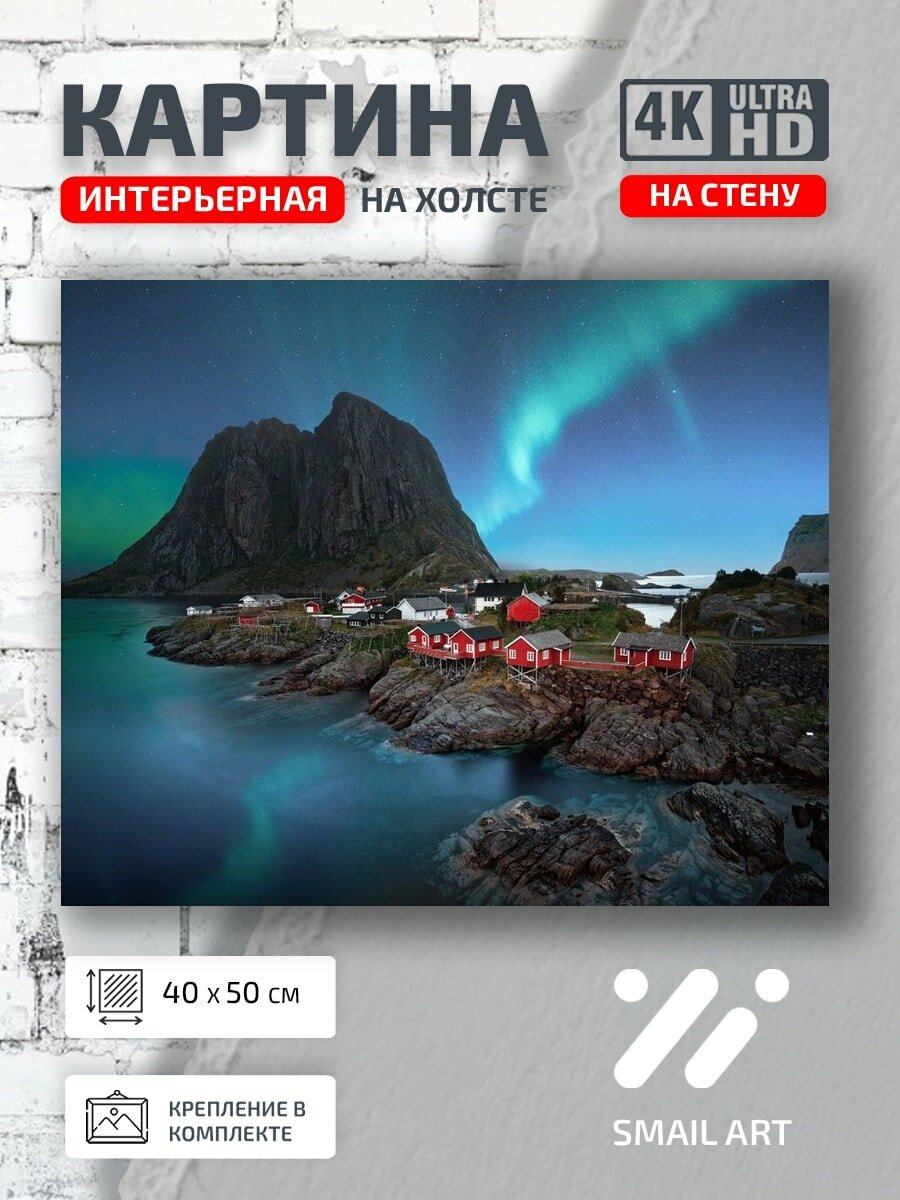 Картина на холсте интерьерная 40 на 50 на стену Северное сияние для кафе пейзаж