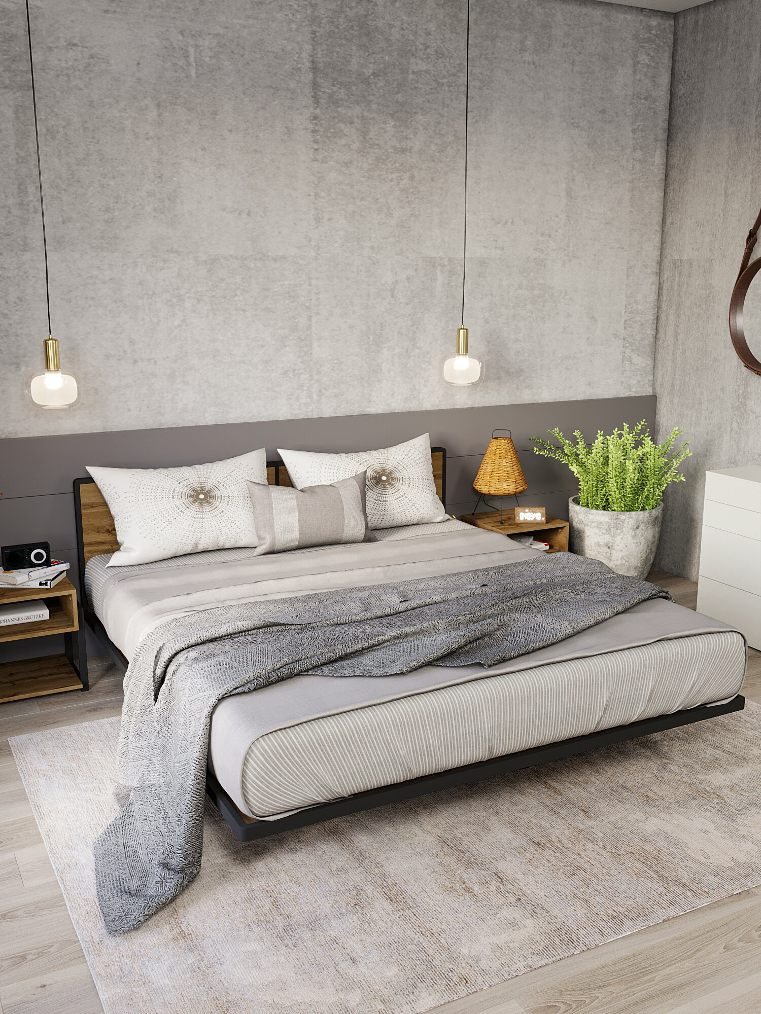 Парящая кровать, двуспальная, скруглённые края, черный/вотан , 200x160 см