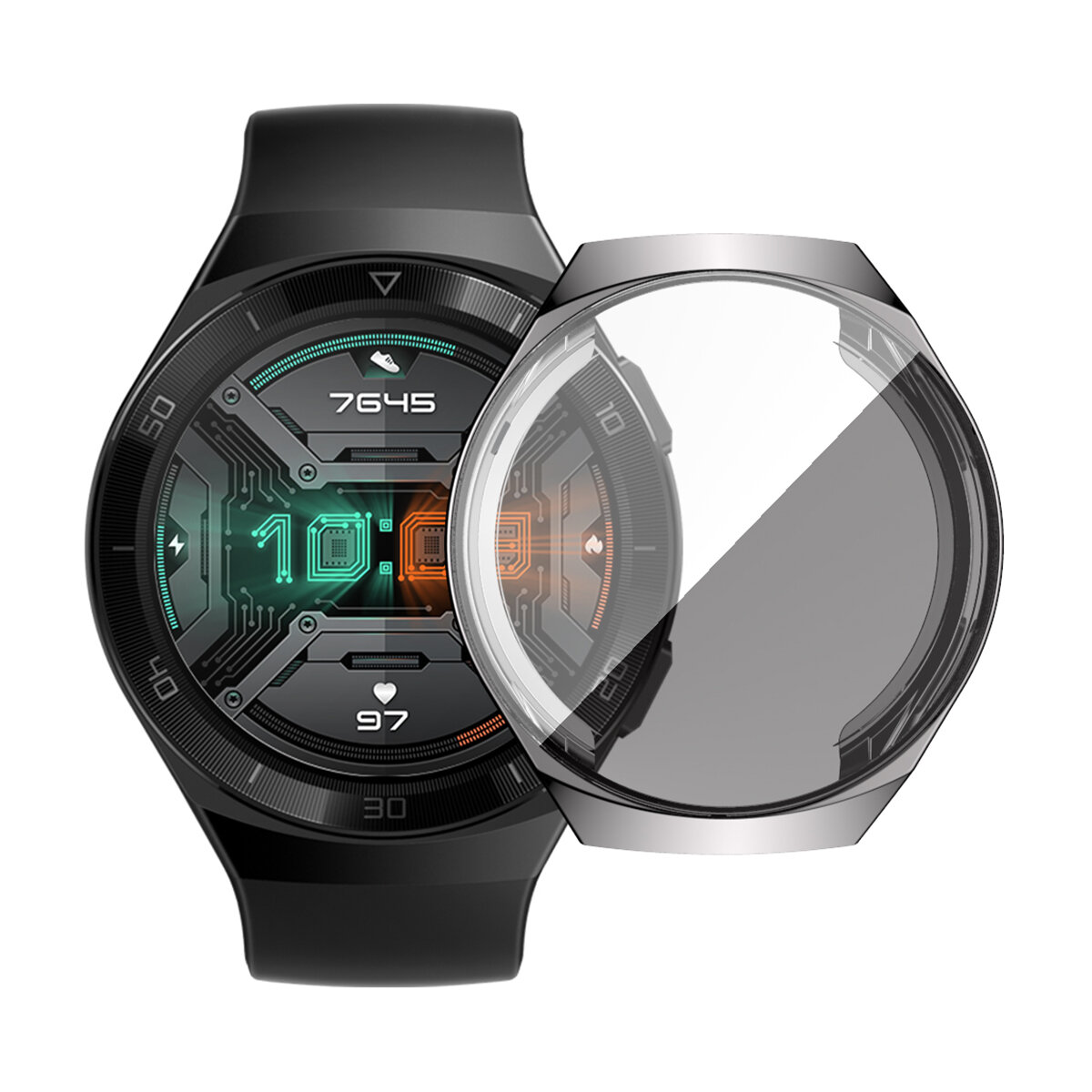 Чехол для умных часов TPU Shockproof Protective Watchcase Scratch-proof Smartwatch Cover с защитным стеклом, совместимый с HUAWEI WATCH GT 2e, цвета: черный, серый, серебристый, розовое золото, золото, прозрачный, мультицвет, вес упаковки 23г, 1 шт.