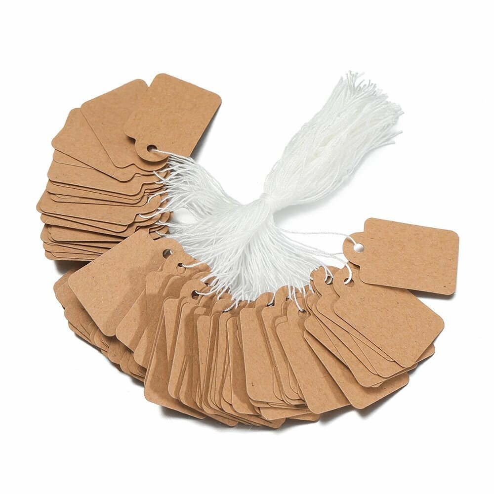 Бумажные бирки/ценники на верёвочке белого цвета, 25х15 мм, 100 штук