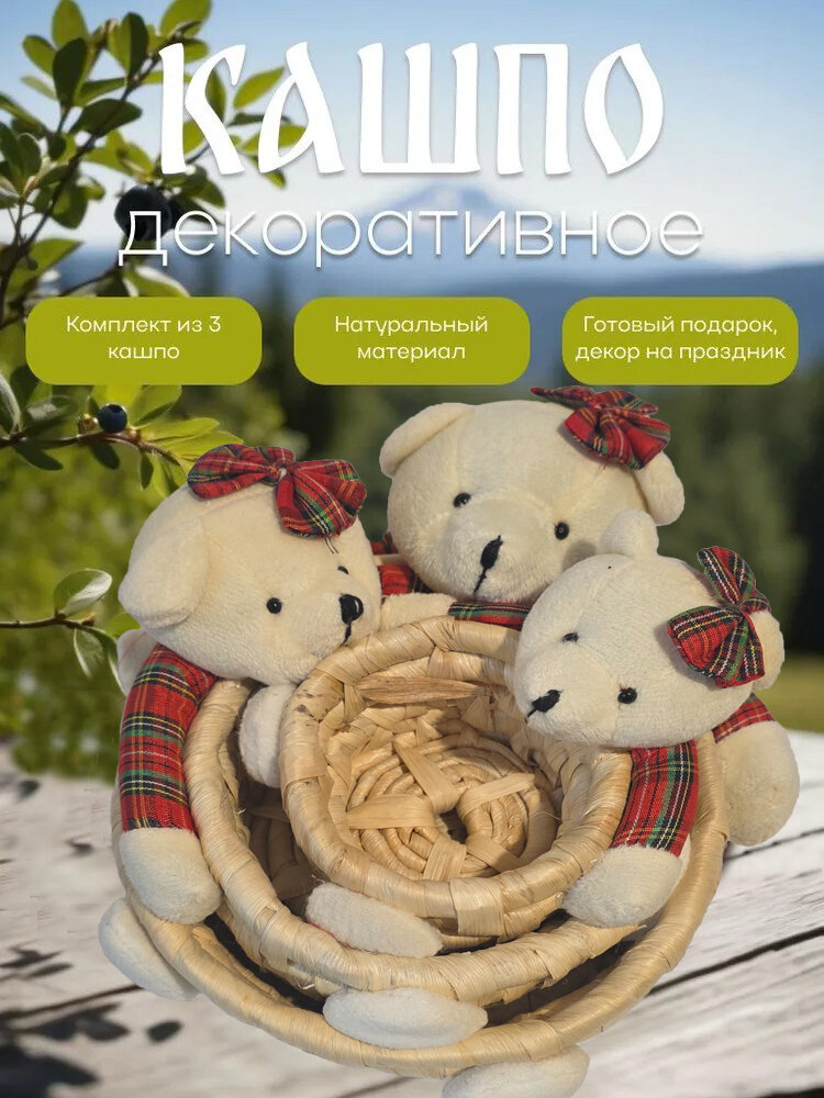 Набор декоративных корзинок из натуральных материалов (3 шт) стильное интерьерное кашпо белые Мишки в красном для декора, хранения и фотозон