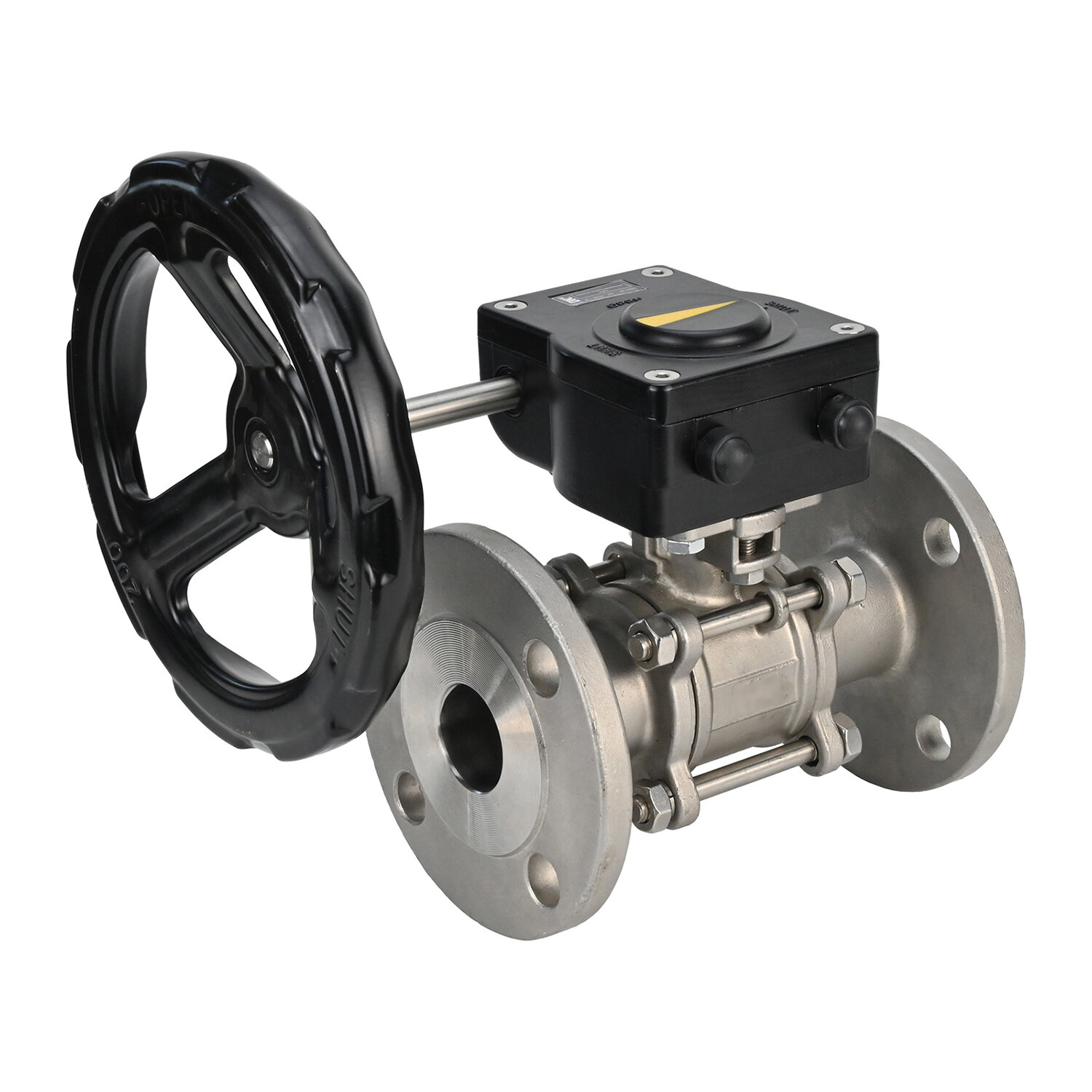 Кран шаровой DN.ru кшфпт-iso.304.180 Ду20 Ру40 трехсоставной из нержавеющей стали SS304, уплотнение - PTFE, фланцевый, полнопроходной с ISO-фланцем и редуктором DN. ru HAM-1