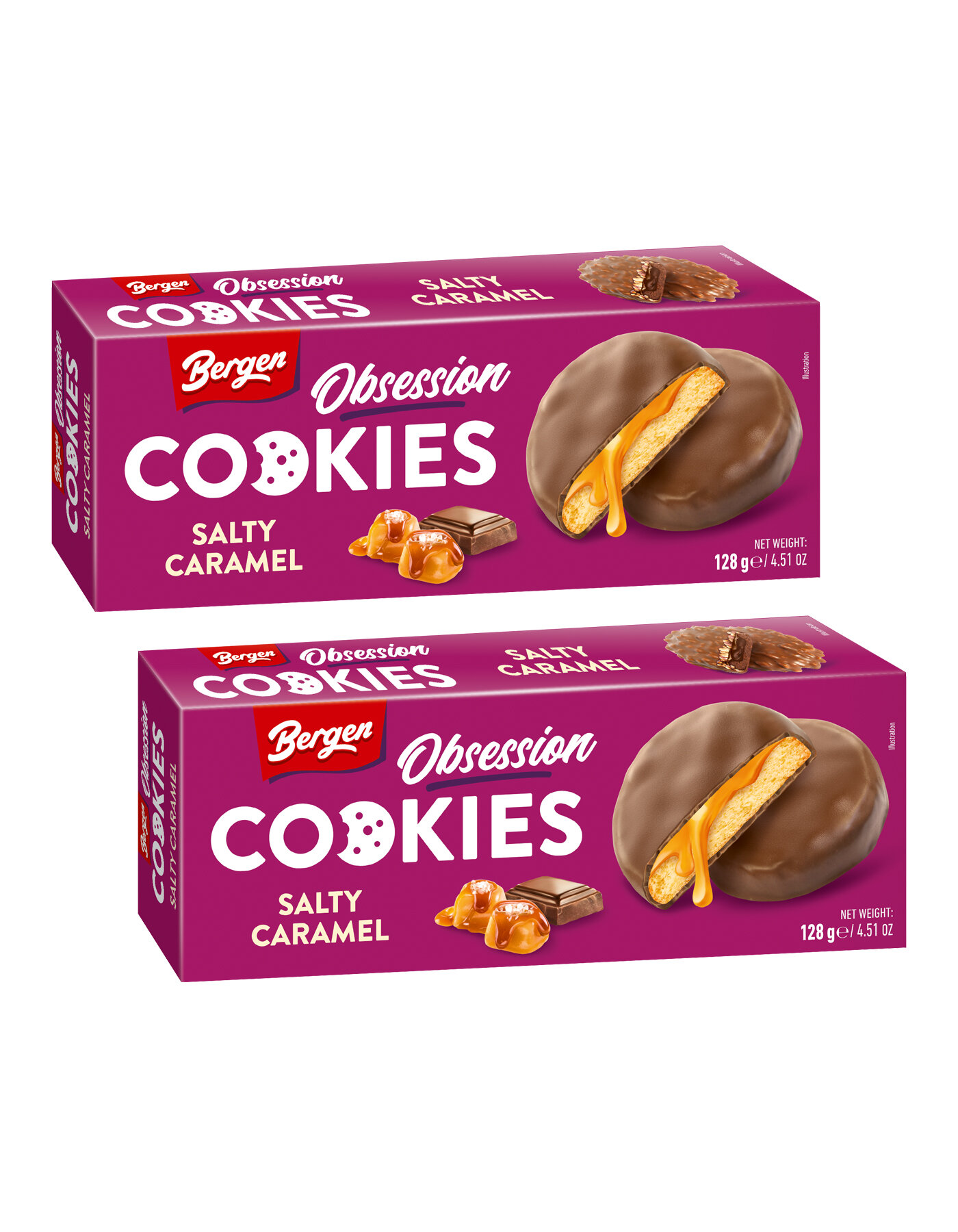 Печенье BERGEN "Obsession" с начинкой со вкусом соленой карамели, покрытое молочным шоколадом, 128г х 2шт