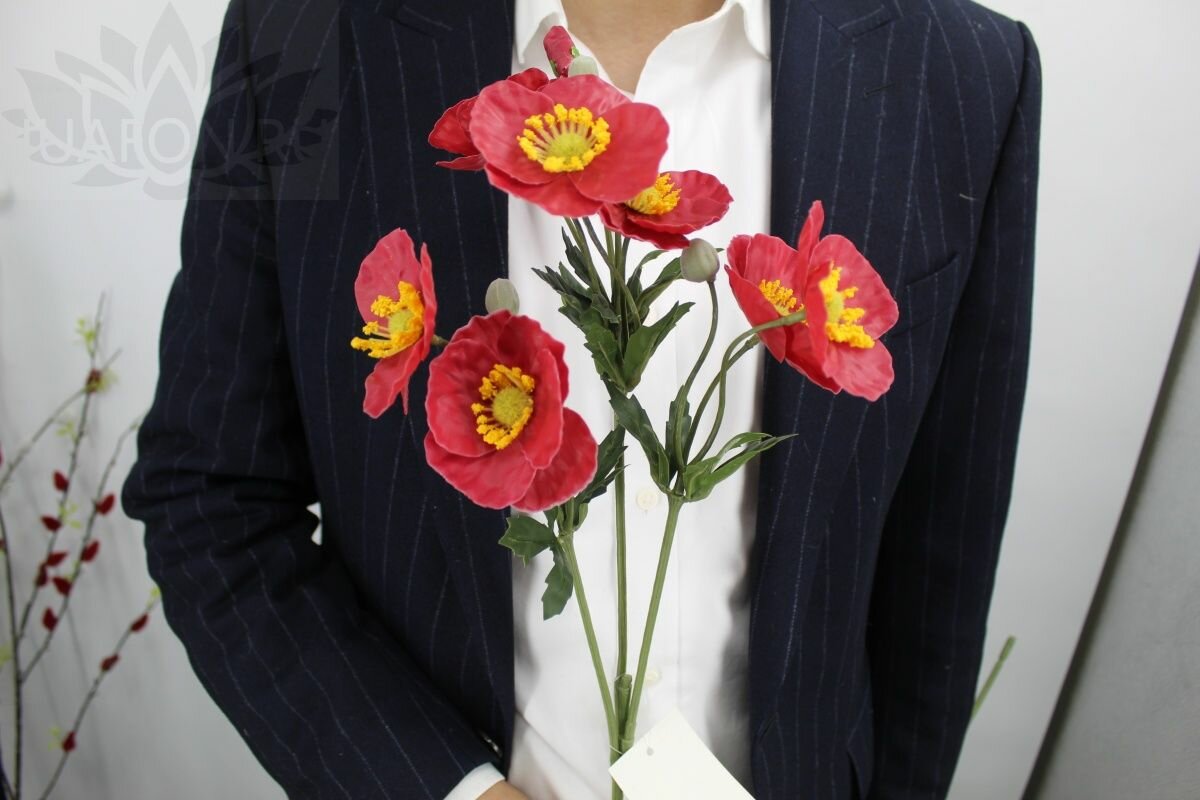 Искусственные цветы мак красный букет для декора премиум серия 2 ветки 65 см