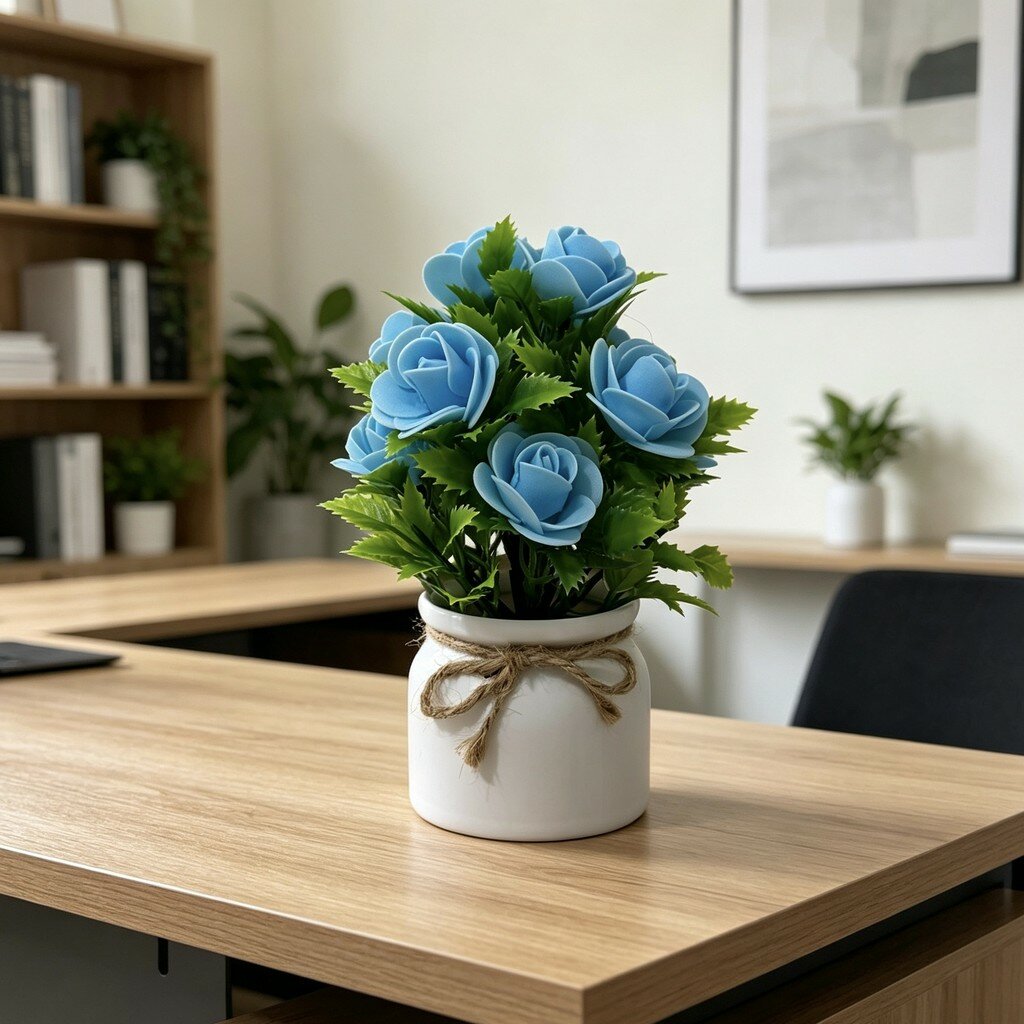 Foam rose flower bouquet with butterfly ribbon base for home decor and wedding centerpiece blue