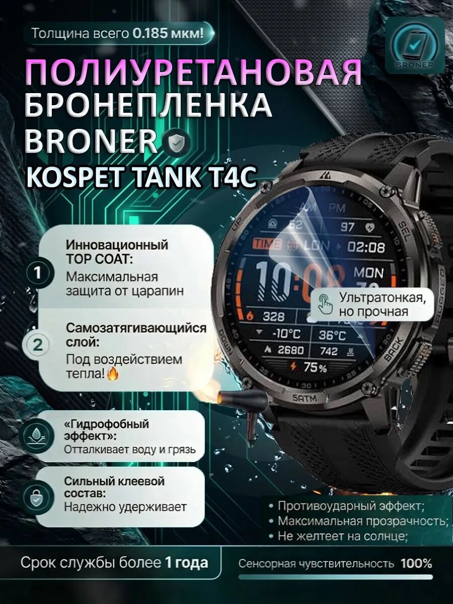 Полиуретановая бронепленка для смарт-часов KOSPET TANK T4C / Защитная плёнка на экран / Глянцевая