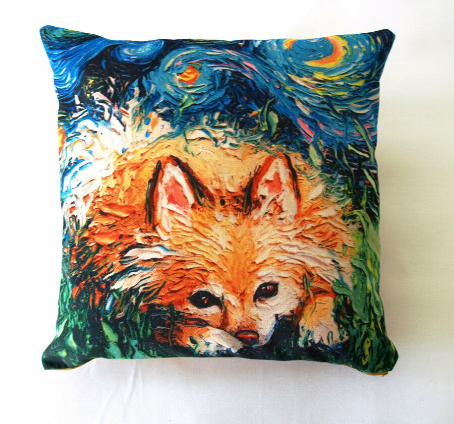 Подушка декоративная Собаки Ван Гог Шпиц лежит в траве 40х40 велюр