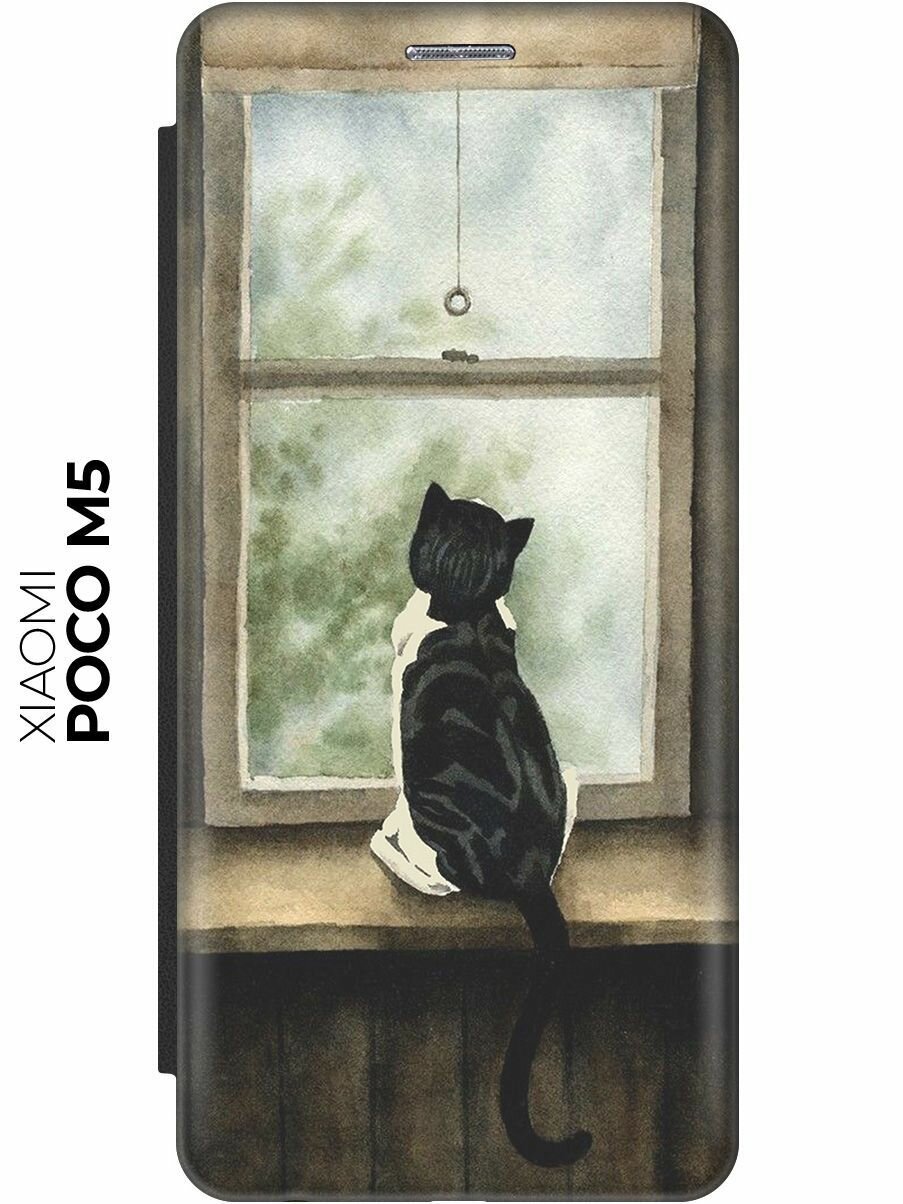 Чехол-книжка Кот у окна на Xiaomi Poco M5 / Сяоми Поко М5 черный