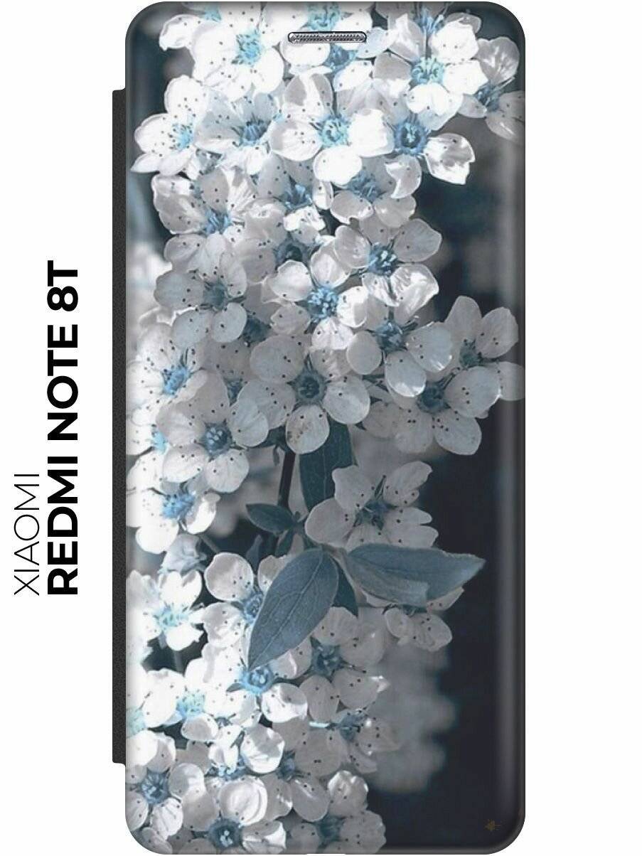 Чехол-книжка Бело-голубые цветочки на Xiaomi Redmi Note 8T / Сяоми Редми Ноут 8Т черный