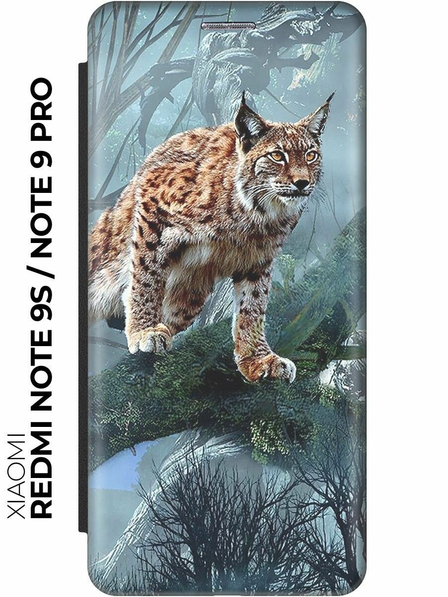 Чехол-книжка Дикая рысь на Xiaomi Redmi Note 9s / Note 9 Pro / Сяоми Редми Ноут 9с / Ноут 9 Про черный