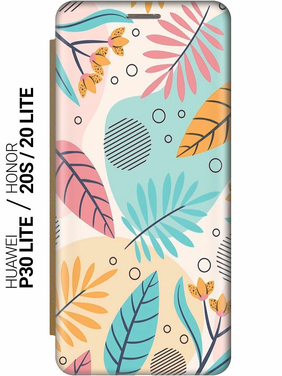 Чехол-книжка на Honor 20 Lite, 20s, Huawei P30 Lite, Хуавей П30 Лайт, Хонор 20 Лайт, 20s c принтом "Аппликация из листочков" золотистый
