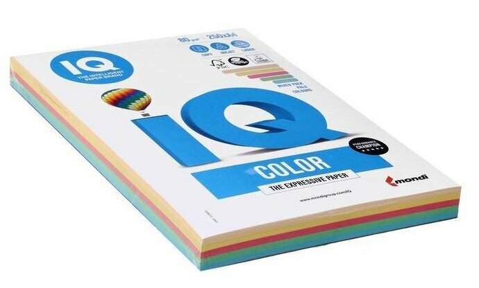 Бумага цветная IQ COLOR Pale Mix (пастель А4 80гцвета 20,23,25,28,30) RB01 для всех видов принтеров и творчества, 5 цветов тонированной двусторонней бумаги по 50л , в фирменной коробке Драйв Директ