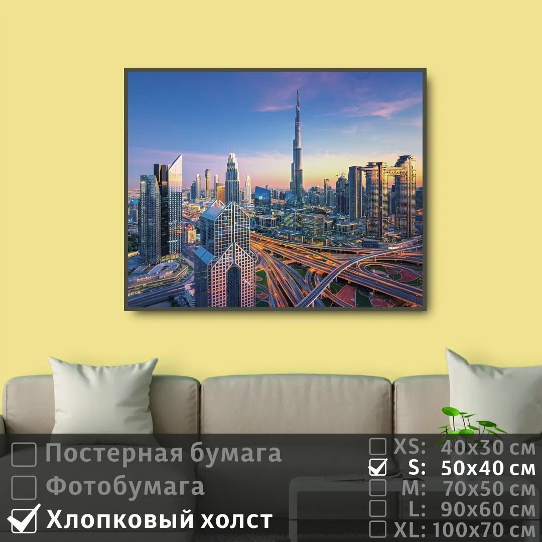 Постер на холсте Панорама Городского Пейзажа Дубай 50х40 см ПолиЦентр