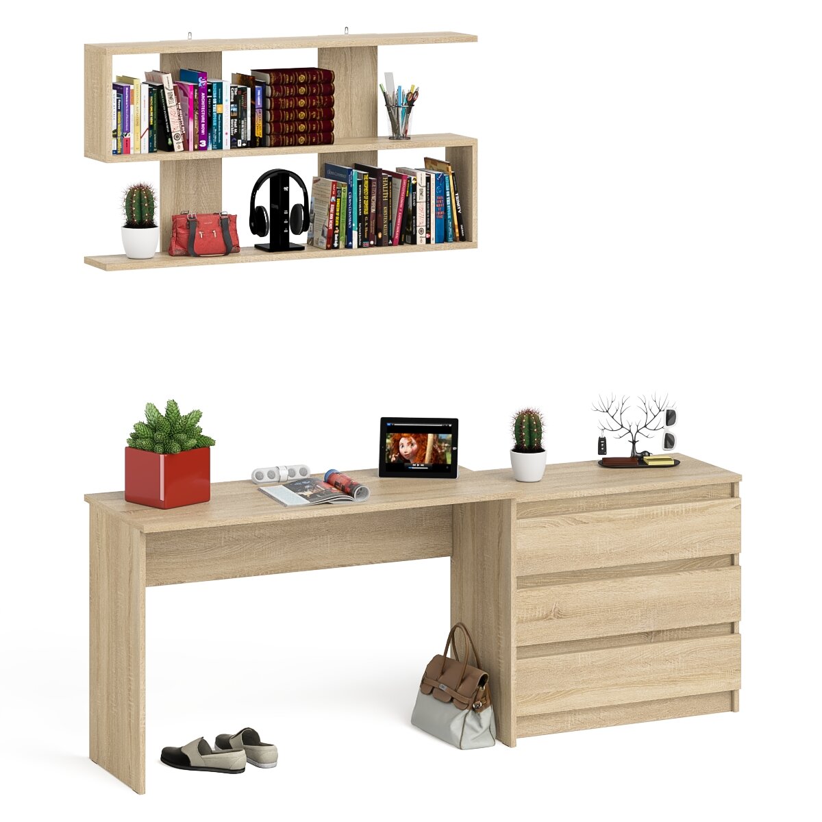 Комод три ящика СВК Мори 800 с письменным столом и навесной полкой цвет дуб сонома