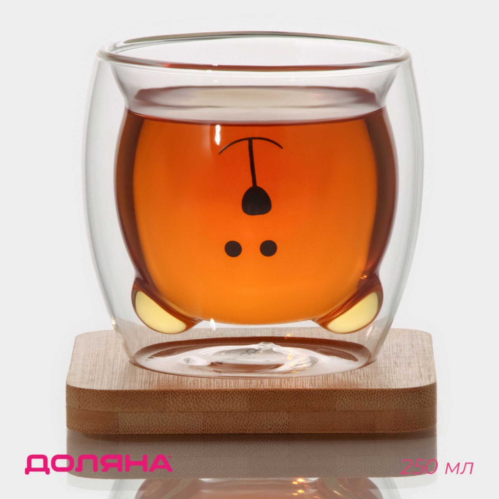 Стакан с двойными стенками Доляна «Вверх дном», 250 мл, 9×9 см, на деревянной подставке, стекло, прозрачный